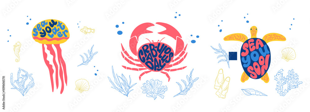 Set of Sea life lettering in flat groovy hand drawn style with crab ...