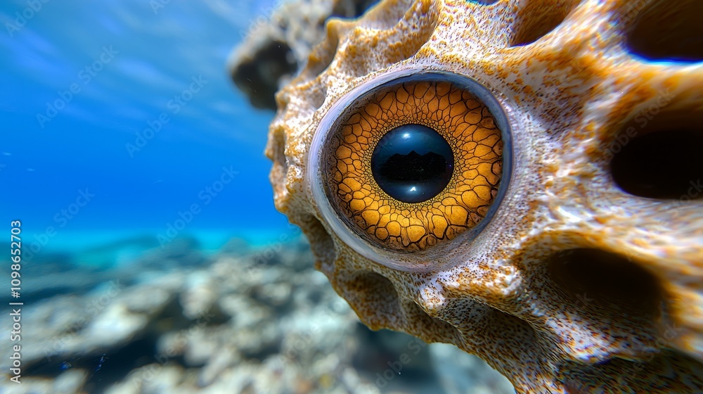 a close up of a sea urchin's eye in the ocean, surrounded by a coral ...