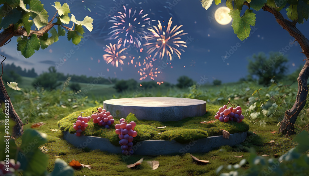 New Year Stone Grape Podium in Moonlit Meadow, product presentation ...