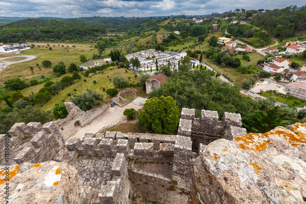 Overhead view of an ancient stone fortress with battlements ...