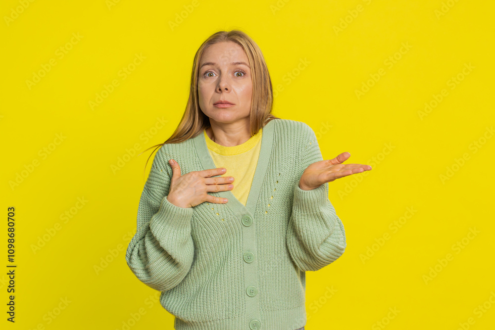 I am not guilty. Caucasian middle-aged woman pointing fingers herself ...