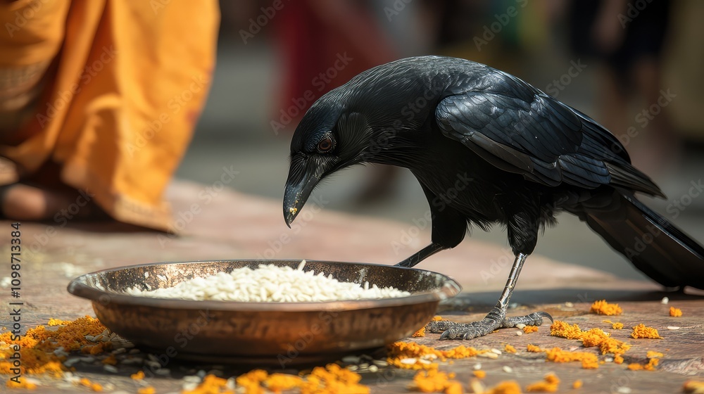 Crow Eating Rice Offerings During Pitru Paksha Ritual Representing ...