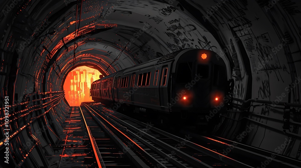 A dark and eerie image of a train moving through a dimly lit tunnel ...