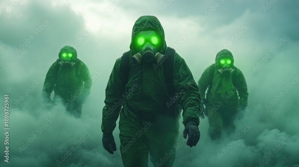 Figures dressed in green hazmat suits navigate through a dense fog ...