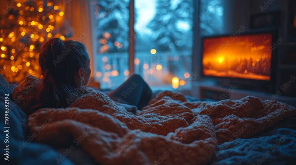 Woman relaxing on bed, watching TV, winter scene outside window, Christmas lights. Stock Photo ...