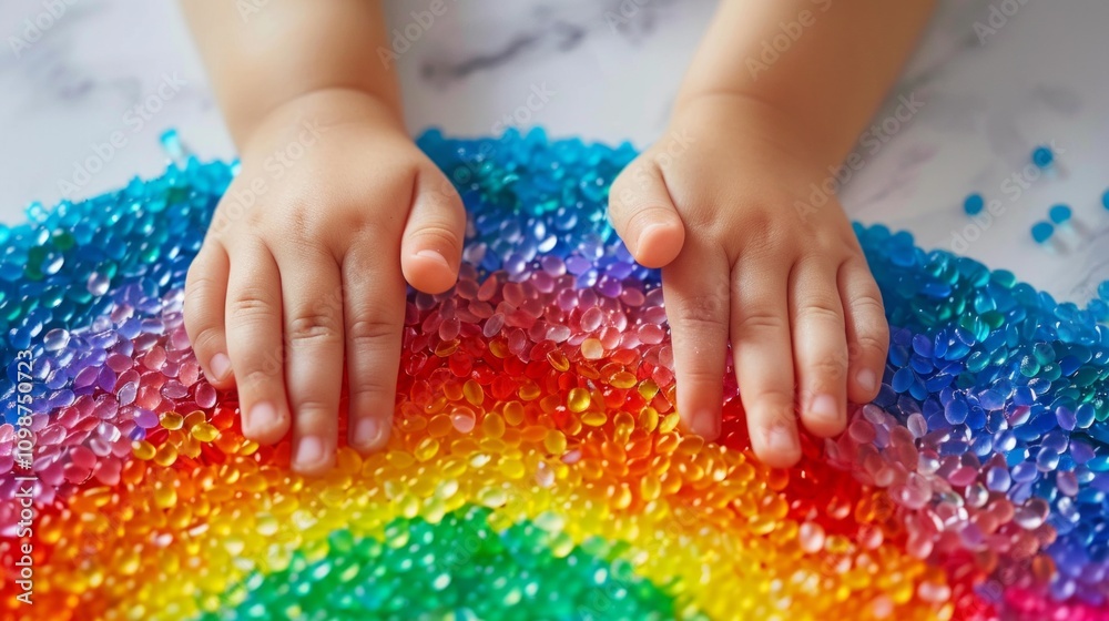 Child's hands touching a colorful rainbow of translucent sensory beads ...