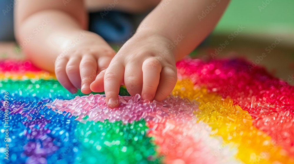 Child's hands exploring colorful rainbow sensory beads on a flat ...