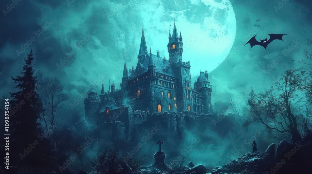 Gothic castle at night in full moonlight. New spooky castle in full ...