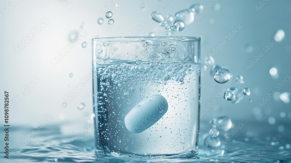 Realistic effervescent pill with fizzy bubbles in water. Soluble tablet ...