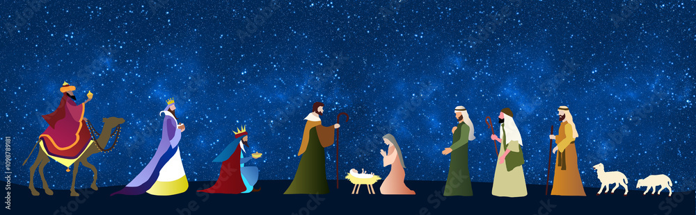 Christmas Nativity scene illustration. The Adoration of the Magi. Three ...