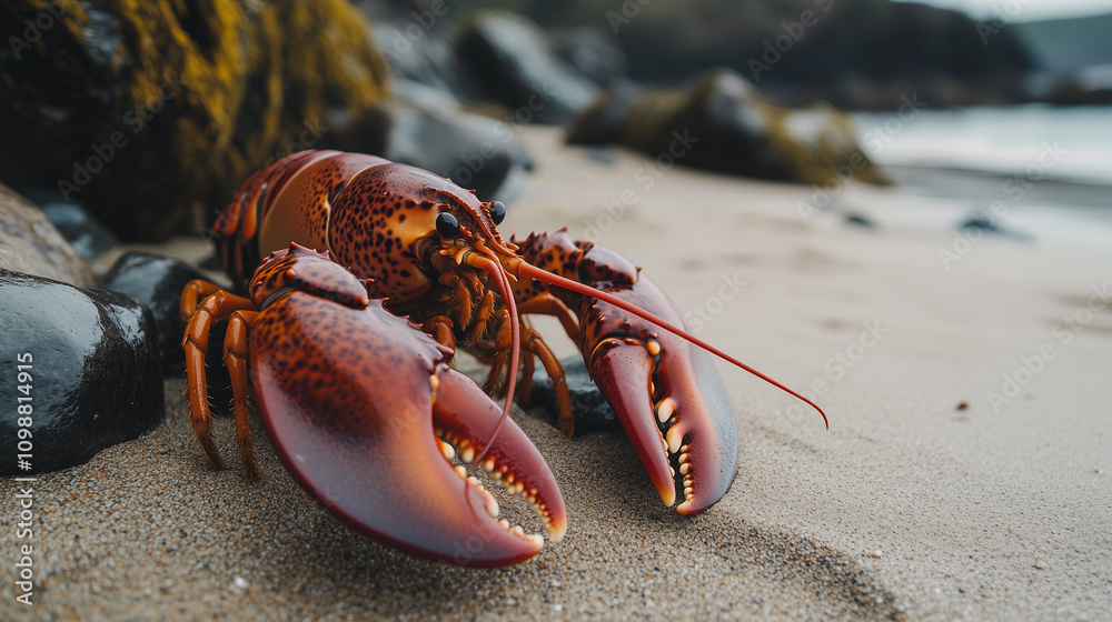Homar w ujęciu z bliska, na tle drobnego piasku i chropowatych skał ...