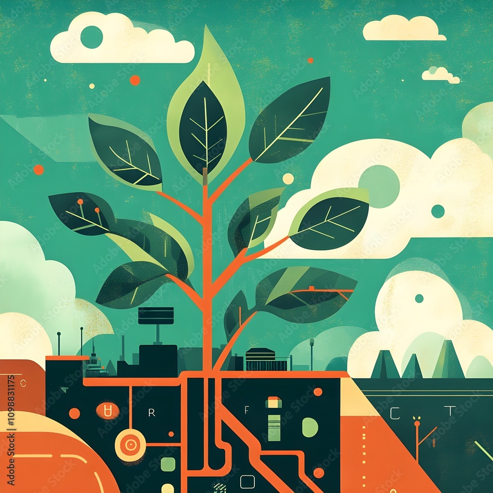 conceptual illustration of tech plant growth representing the fusion of ...