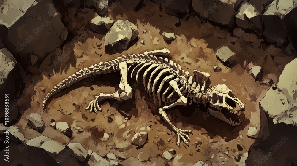 Under dirt and rocks, a dinosaur skeleton lies half buried in the ...