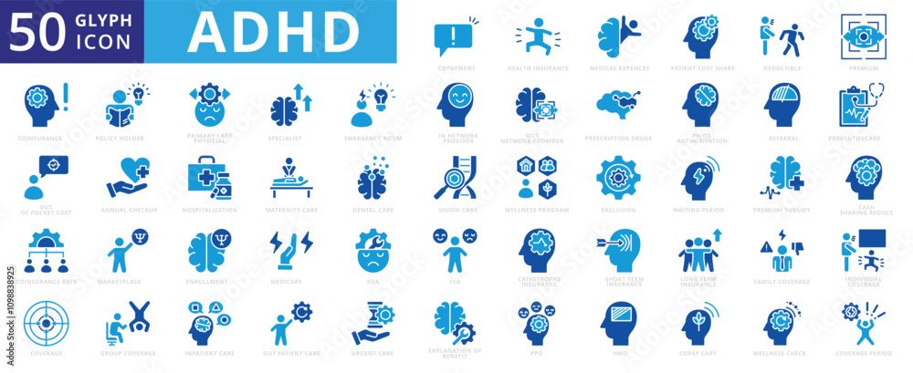 ADHD icon set with hyperactivity, impulsivity, executive function ...