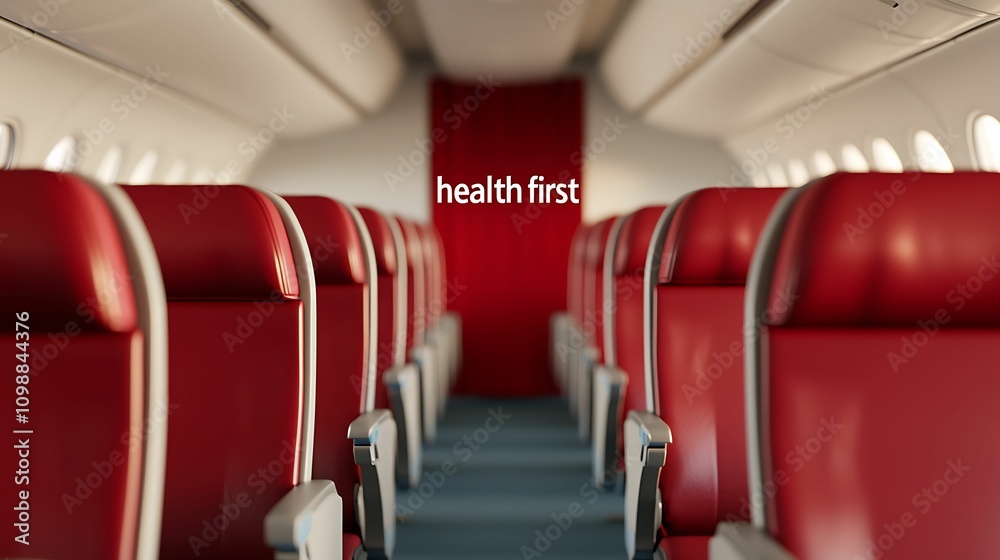 Travel restrictions flight. A modern airplane cabin featuring red seats ...