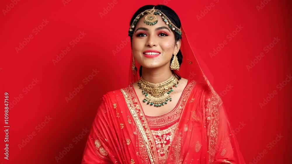 Indian bride girl wearing traditional dress against red background ...