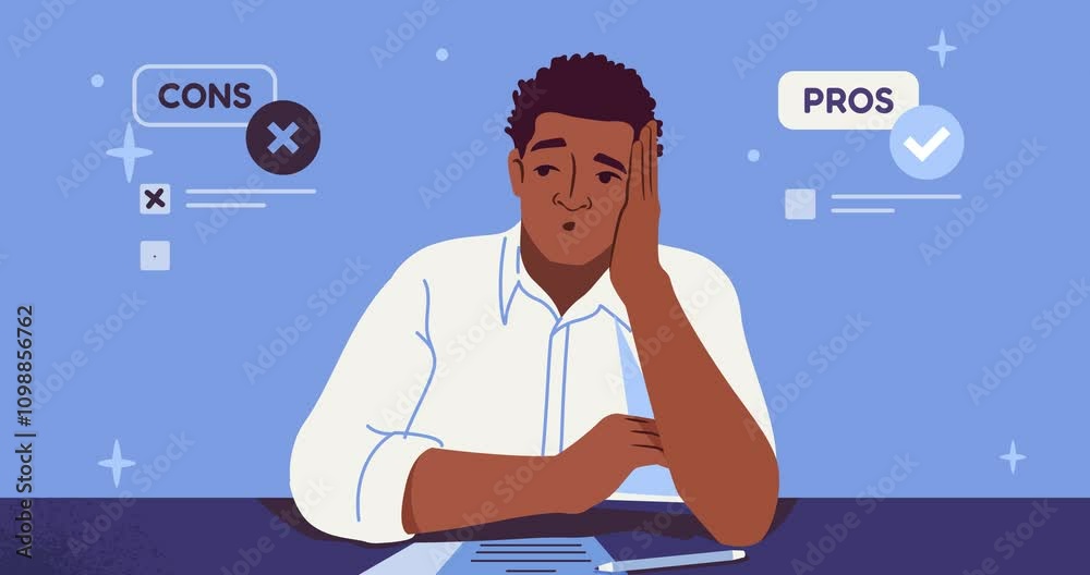 Person with pros and cons. Moving banner with man with doubt. Dilemma ...