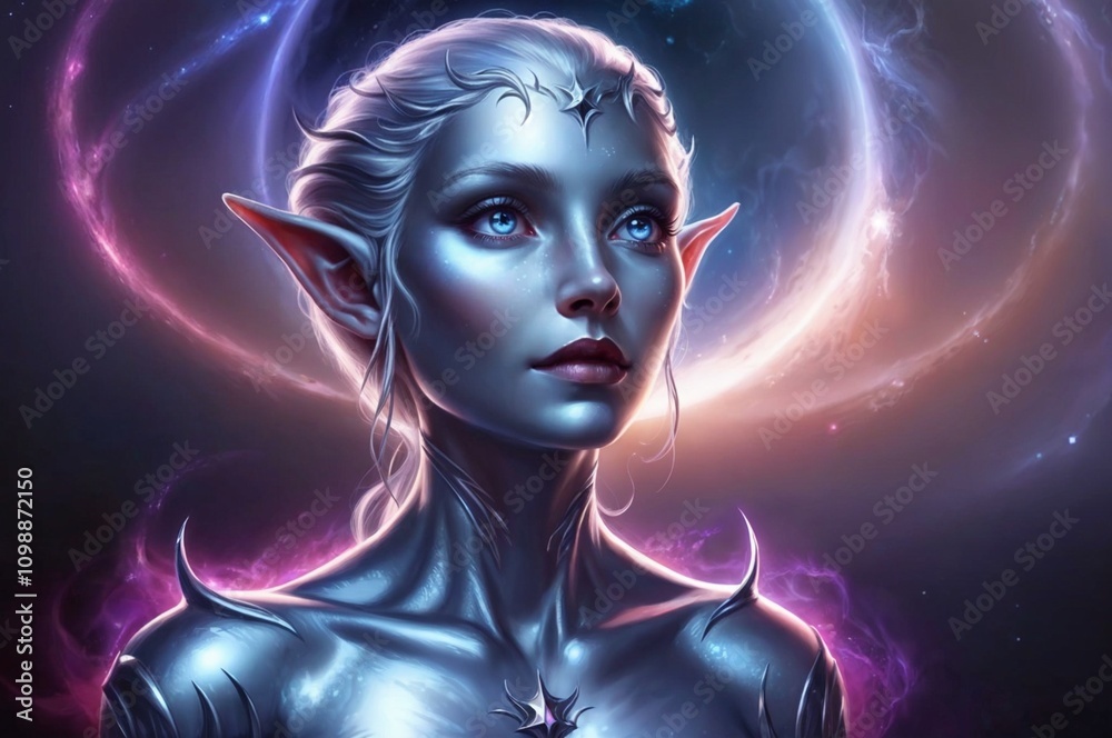 mystical elf character with silver glow and cosmic eyes in a magical ...