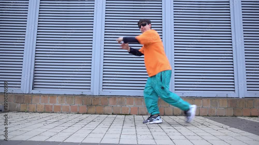 young crazy guy dances hip hop on city street and moves to the music ...
