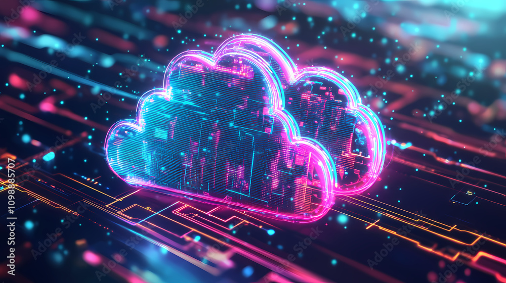 Futuristic holographic cloud interface neon data streams exploded 3d ...