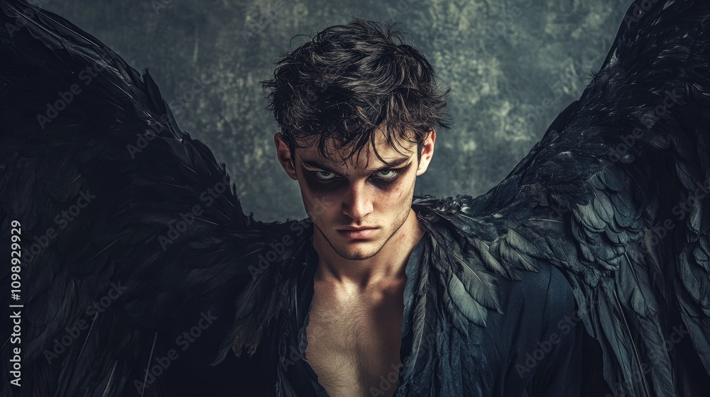 Male model depicting a dramatic and sinister blind fallen angel ...
