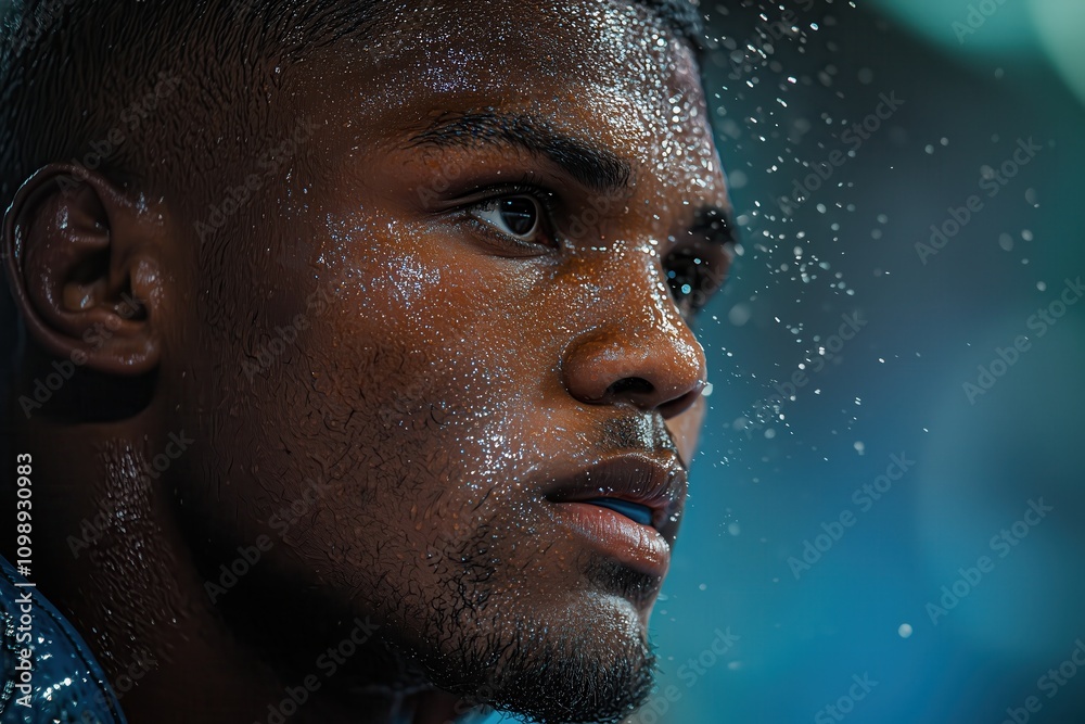 A powerful close-up of a determined boxer, his face glistening with ...