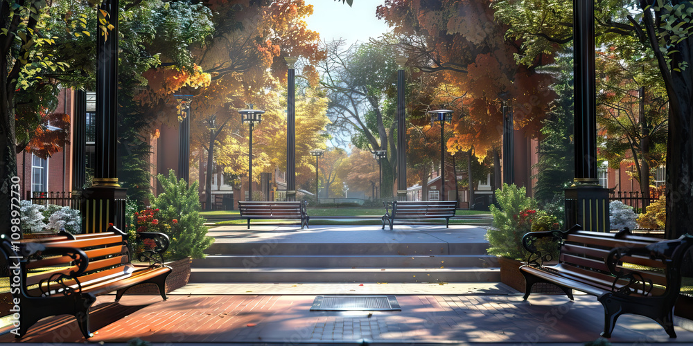 Campus Quad Talk Show Stage: A stage set in a college campus quad, with ...