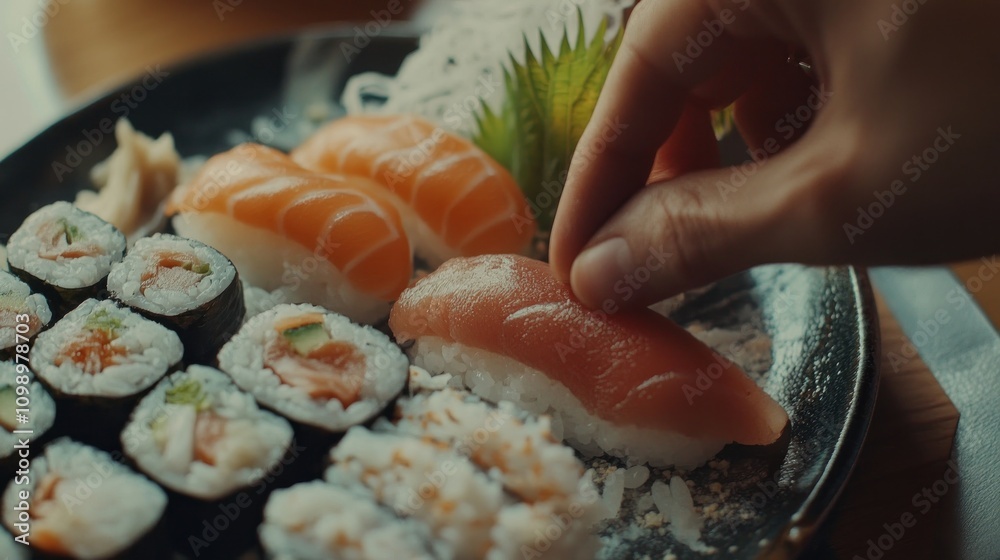 A high-angle shot of an omakase sushi meal in progress, featuring a ...