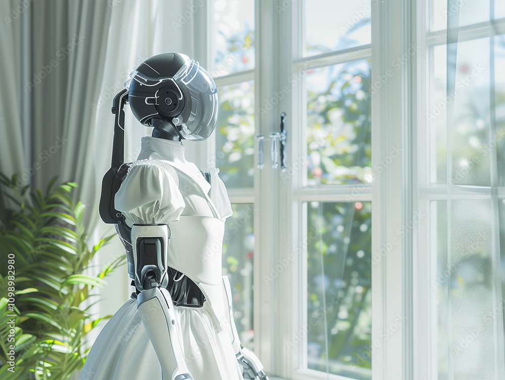 AI Robot Maid in Classic Uniform Gazing Out the Window, Modern Meets ...