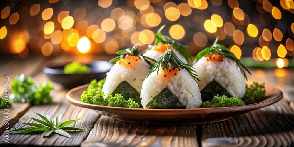 Exquisite Japanese Onigiri with Fresh Fish Surrounded by Bokeh Effect ...