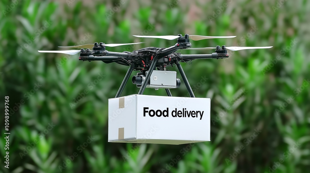 autonomous delivery vehicles concept. A drone delivering food ...