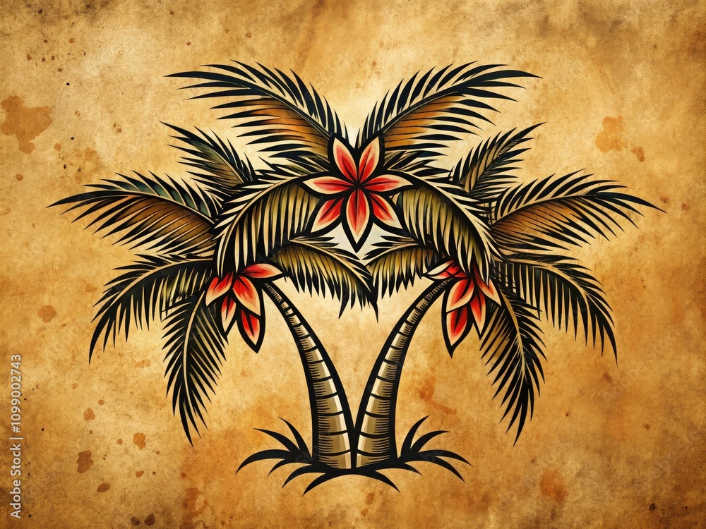 Minimalist Traditional Tattoo Flash Palms Vector Illustration on Grunge ...