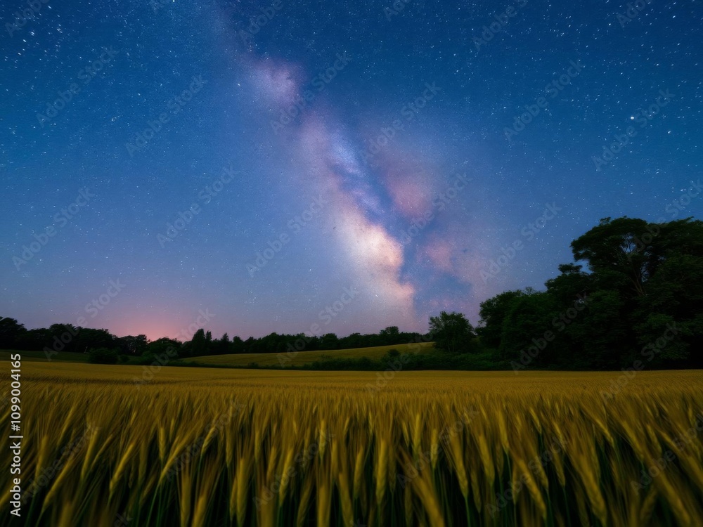 Milky Way galaxy shines brightly over a lush wheat field on a warm ...
