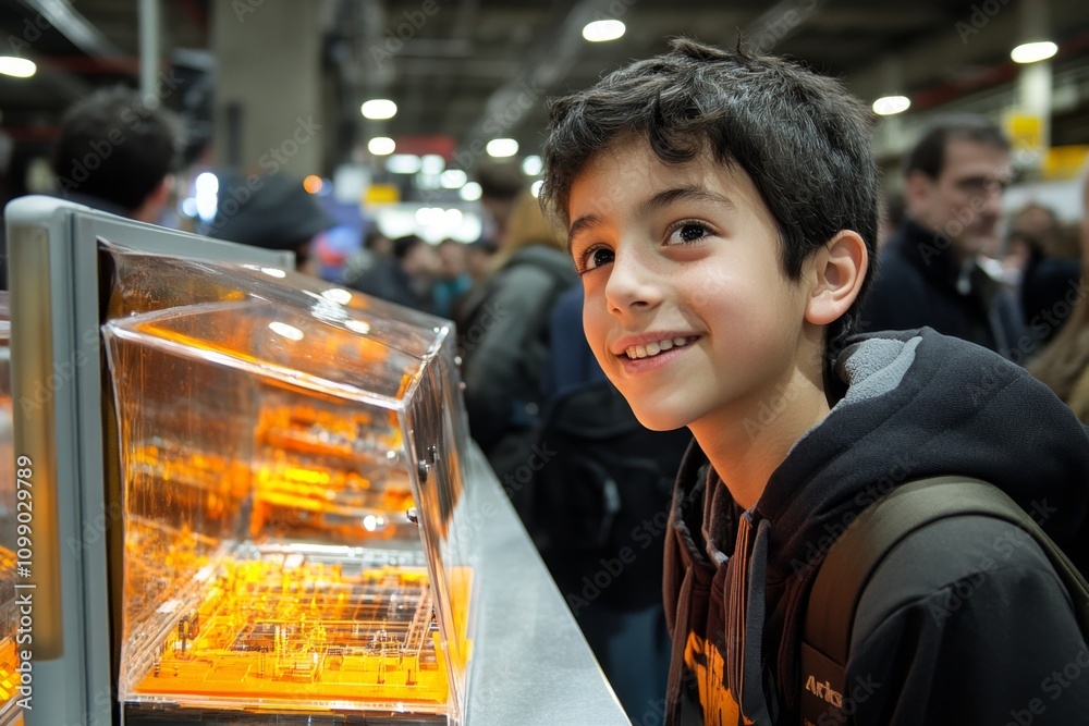 A curious audience at a science fair, surrounding a booth where an ...