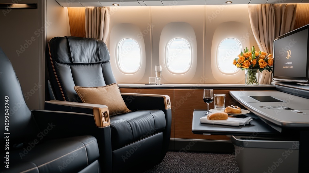 Luxurious Airline Cabin Interior with Spacious Seating, Elegant Decor ...