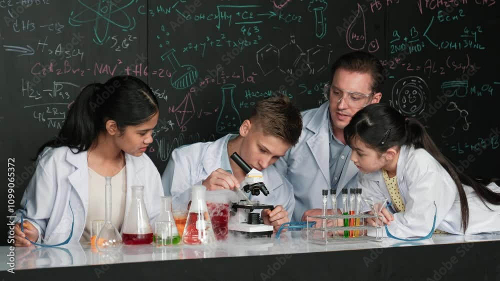 Multicultural student looking under microscope while cute girl inspect ...