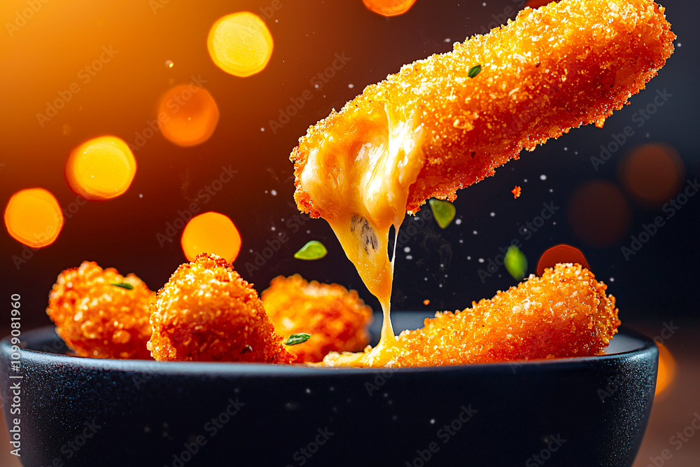 Molten cheese oozes from fried cheese sticks in a dramatic close up ...