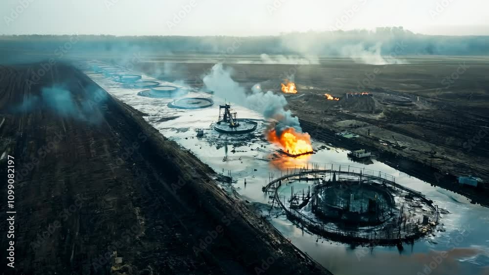 Aerial view of a fire at an oil refinery. Man-made disaster. Aerial ...
