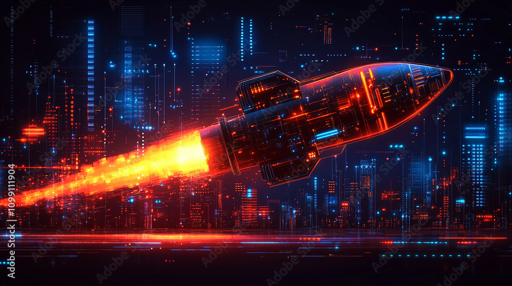 rocket blasting off against a high-tech background, symbolizing ...