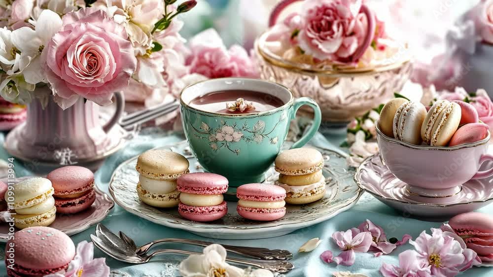 Elegant afternoon tea setup featuring flowers, macarons, and fine china ...