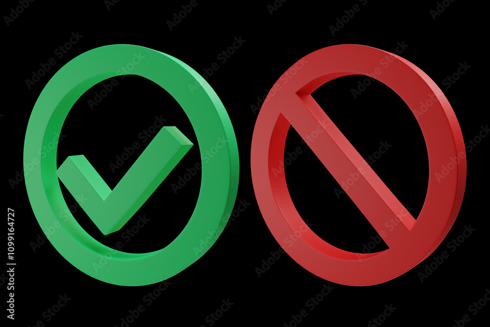 Poster Volumetric green check mark and red prohibited sign isolated on ...
