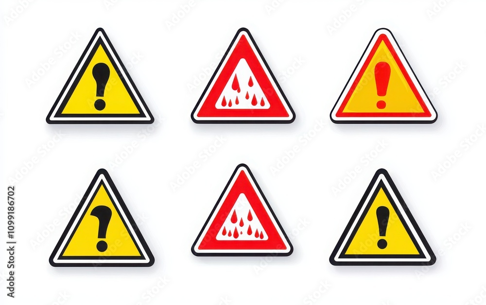 A set of vector triangle warning signs with exclamation marks ...