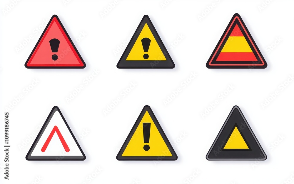 A set of vector triangle warning signs with exclamation marks ...