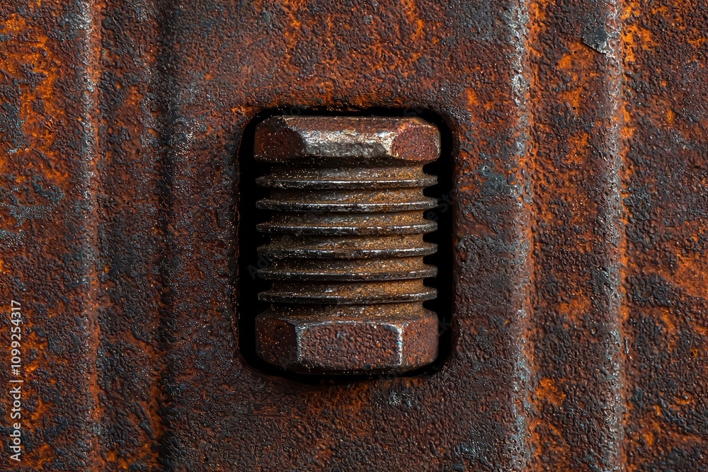 Aged industrial bolt covered in rust, worn textures of the surrounding ...
