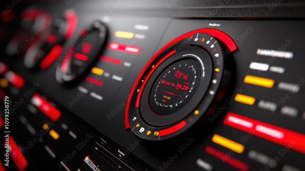 Close-Up View of Modern Dashboard Interface with Circular Gauges, Digital Readouts, and Vibrant ...