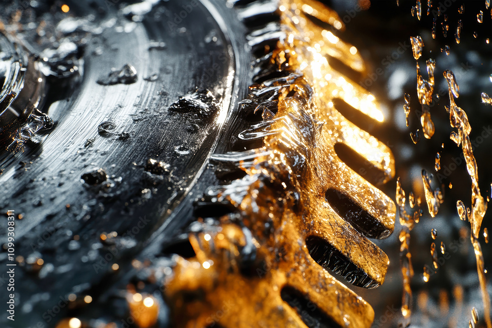 Exploring the intricate details of a gear splashed with machine oil ...