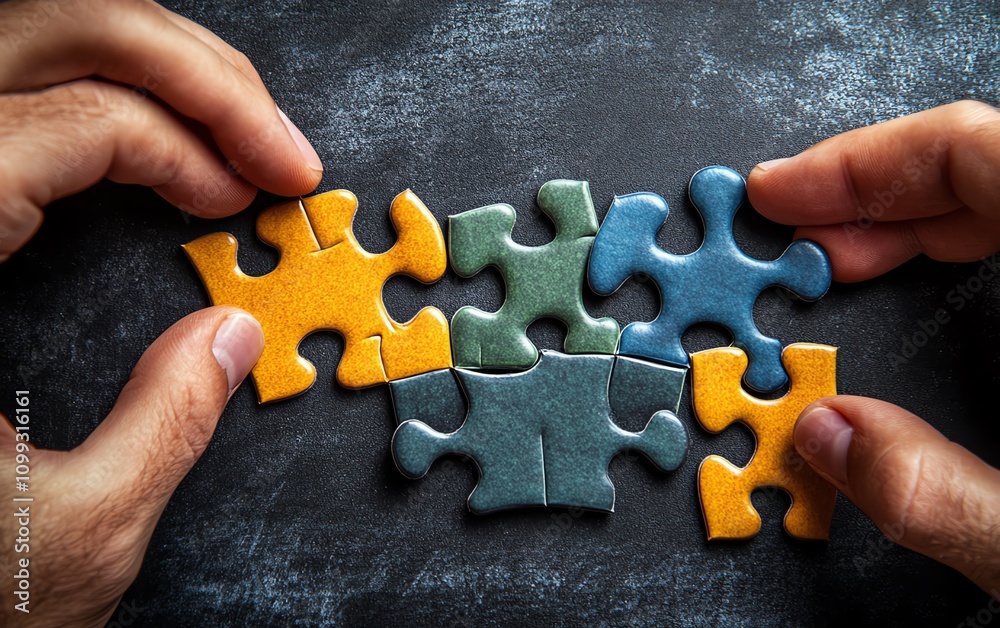 Male hands putting puzzle pieces together on a chalkboard background with mockup space, teamwork ...