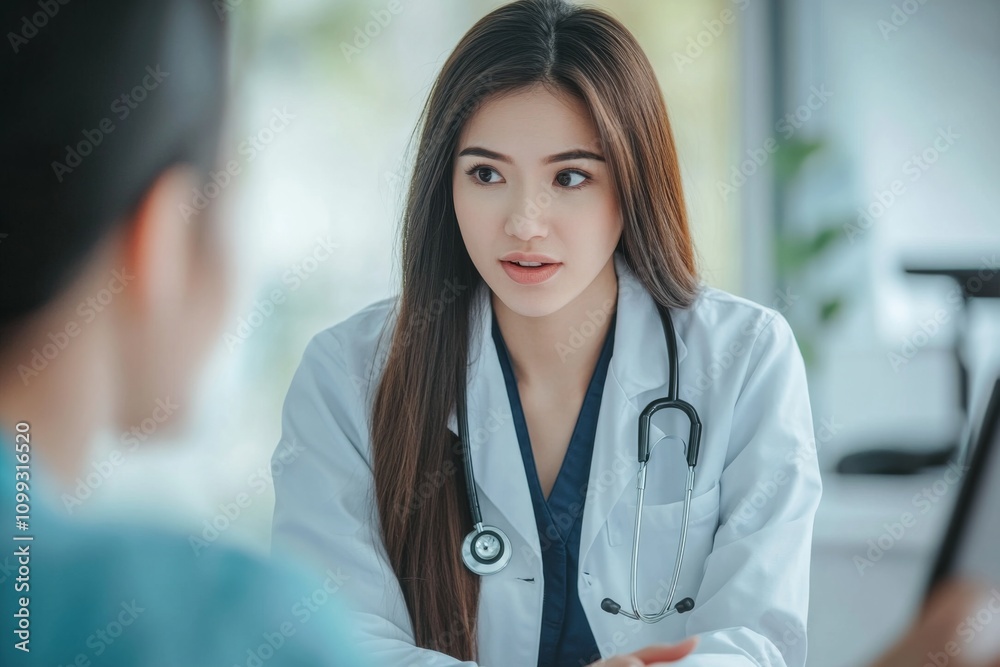 Female doctor wearing white coat stethoscope around her An ...