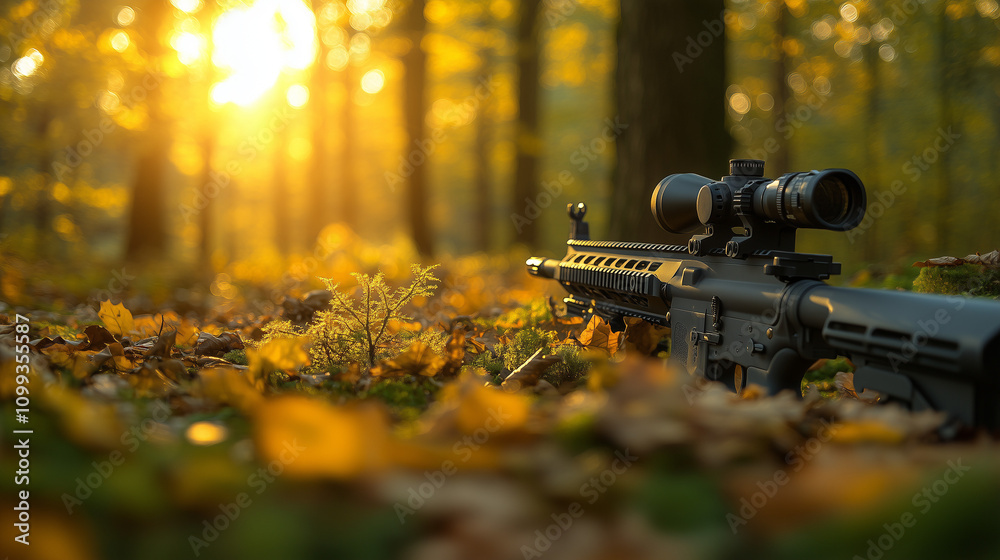 Rifle in the Golden Hour: A semi-automatic rifle lies on the forest ...