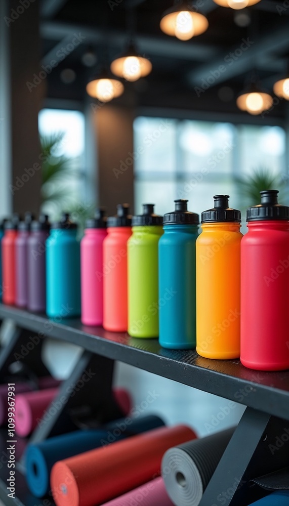 Row of sports drink bottles in vibrant colors arranged on a shelf in a ...